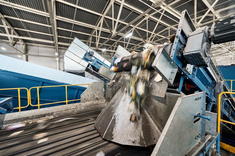 Wide Conveyor with Moving Household Waste. Waste Sorting Plant Stock ...