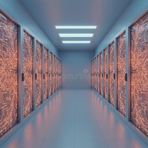 Wide Corridor Flanked by Rows of Illuminated Server Racks. the Panels ...