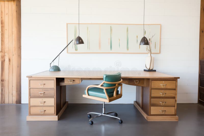 A Wide Desk with Multiple Drawers and a Swivel Chair Stock Image ...