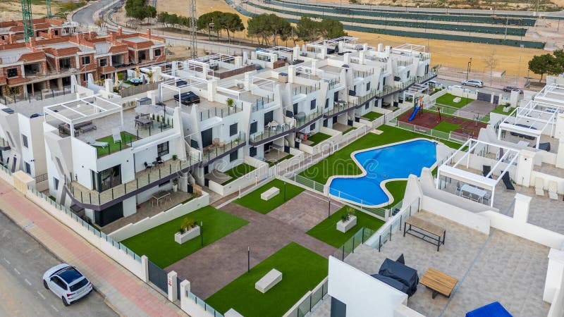 Aerial View of Modern Housing Complex with Pool and Playground Stock ...