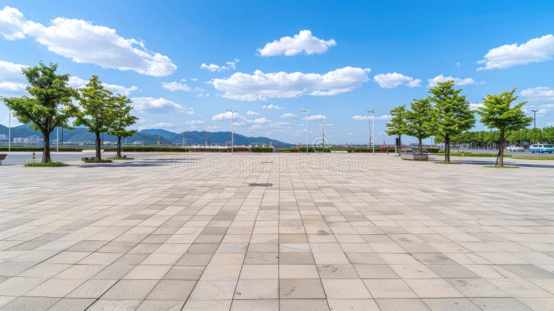 A Wide, Empty City Square with a Paved Surface and Trees Lining the ...