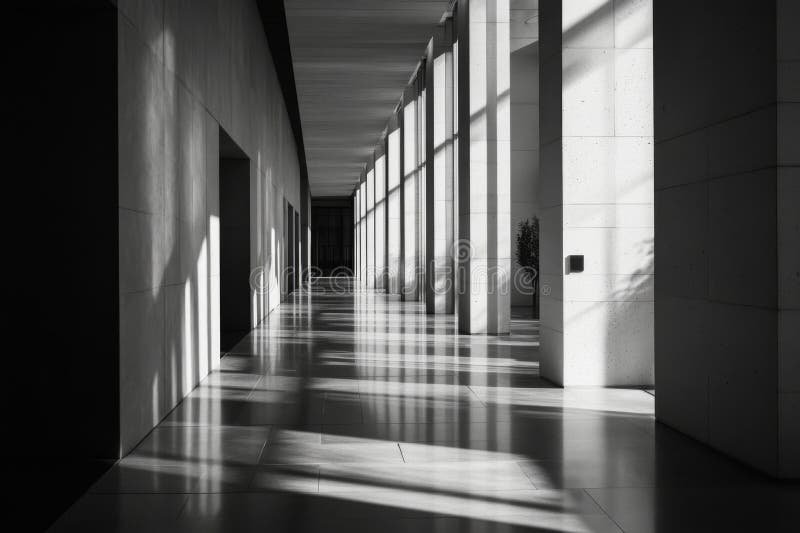 A Wide, Empty Concrete Corridor with Symmetrical Columns and a White ...