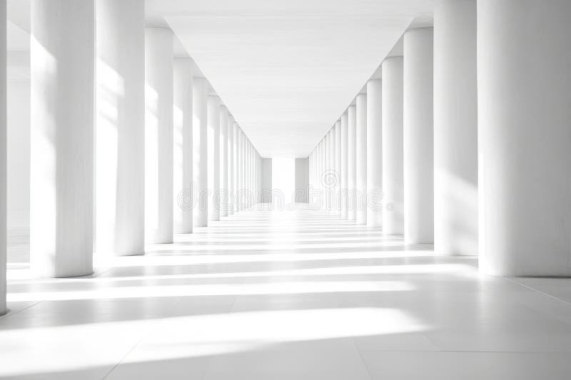 A Wide, Empty Concrete Corridor with Symmetrical Columns and a White ...