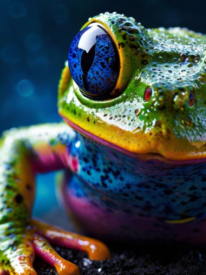 Wide-eyed Frog Perched on a Sleek Black Rock, Ai-generated. Stock ...