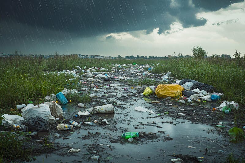 A Wide Field Full of Garbage Soaked with Heavy Rain it Symbolizes the ...