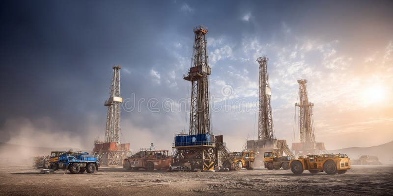 Wide Field Scene with Mobile Drilling Rigs Being Assembled by Multiple ...