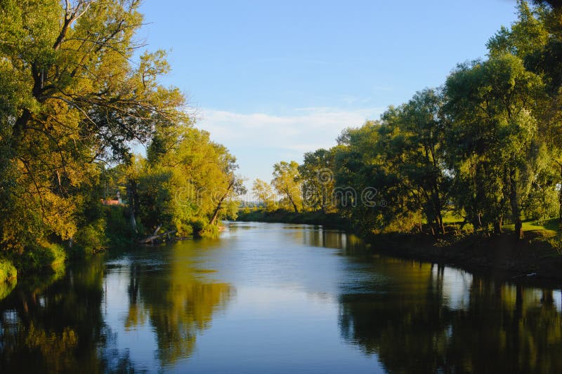 Wide Flat River with Large Trees during Sunset Stock Photo - Image of ...