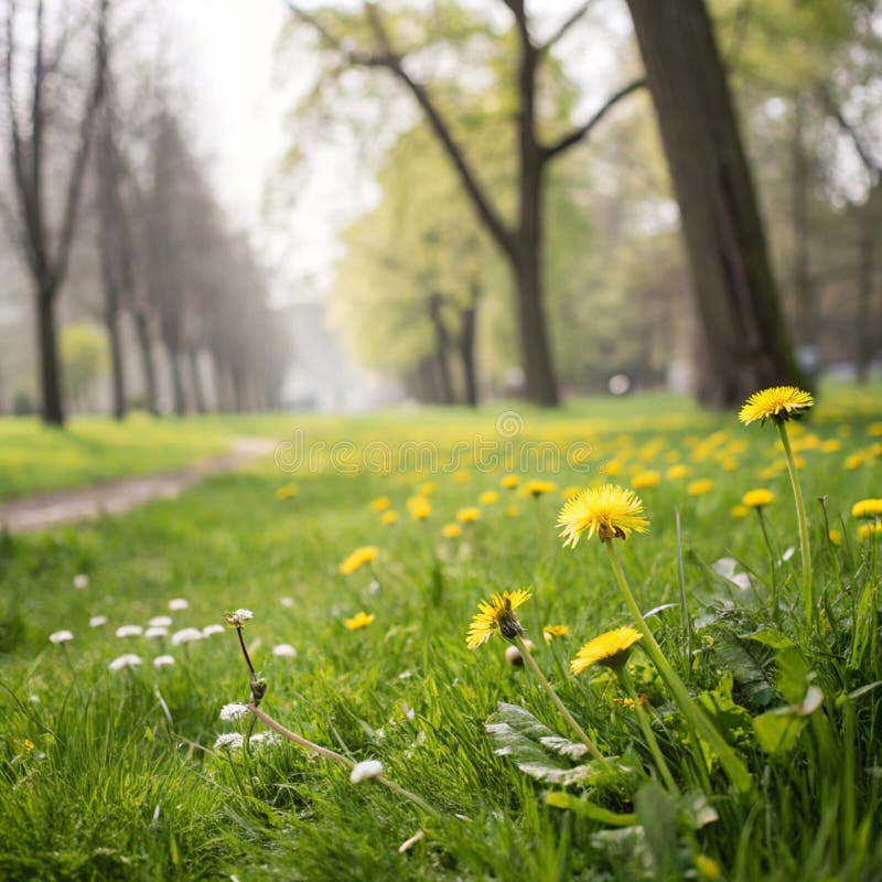 Wide Format Image of Pristine Forest Lawn with Fresh Grass and Yellow ...