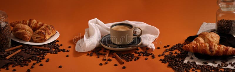 Wide-format Panorama with a Cup of Coffee, Croissants and Cinnamon ...