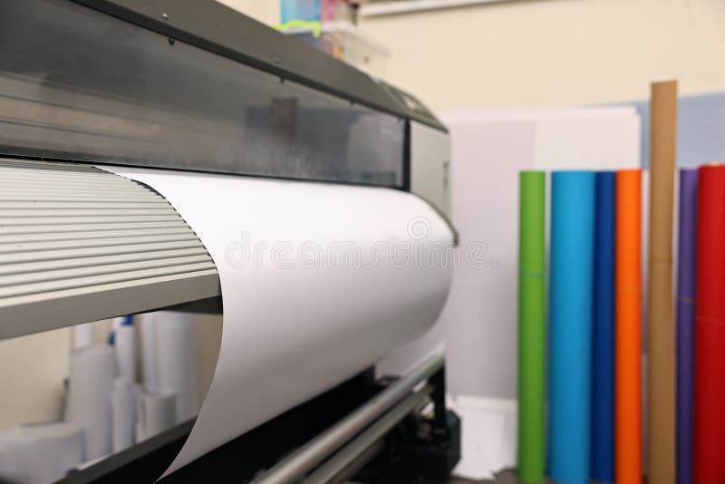 Wide-format Printer with Paper Indoors, Closeup. Printing House Stock Image - Image of modern ...