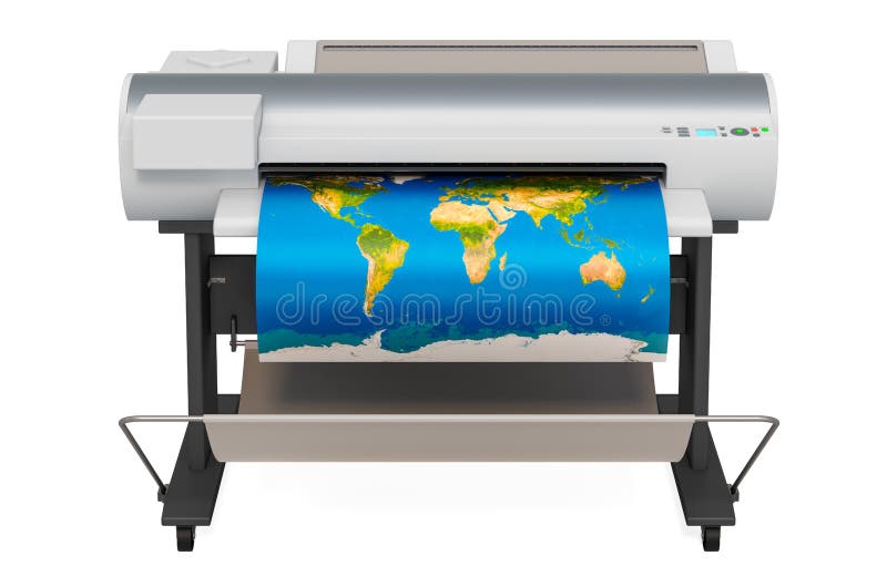 Wide Format Printer, Plotter with Map of World. 3D Rendering Stock ...