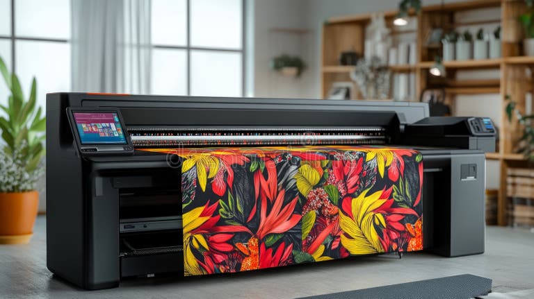 Wide Format Printer Prints Fabric with Floral Pattern. Production ...
