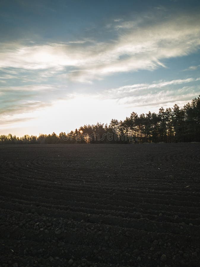 A Wide, Freshly Plowed Field Stretches into the Horizon Under a ...