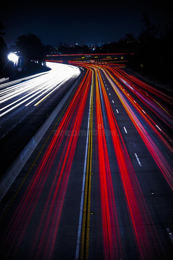 Wide Highway with Abstract Bright Traffic Light Trails at Night ...