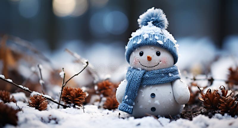 Wide Horizontal Composition of Single Blue Snowman on Winter Forest ...