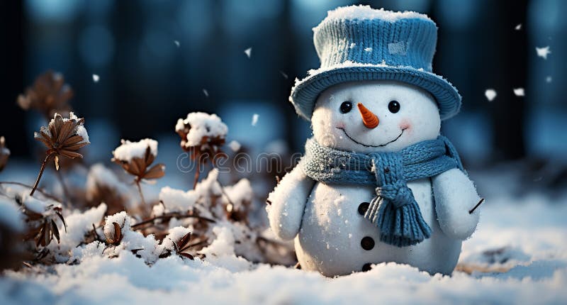 Wide Horizontal Composition of Single Blue Snowman on Winter Forest ...