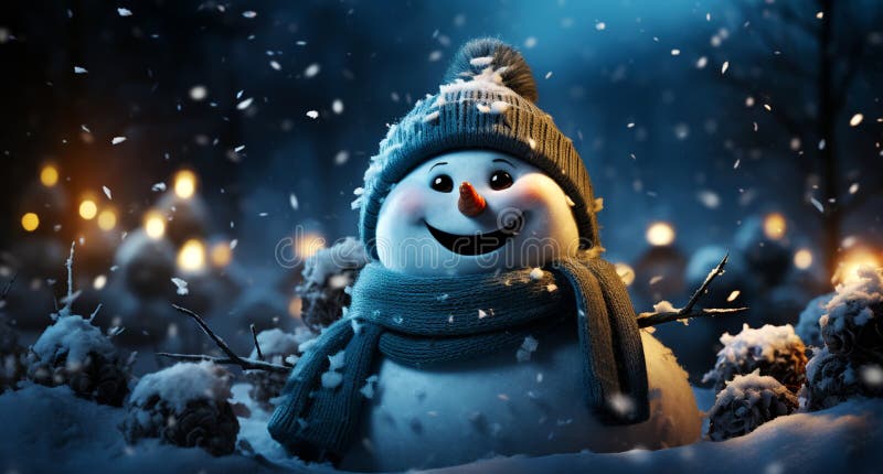 Wide Horizontal Composition of Single Blue Snowman on Winter Forest ...