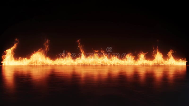 Horizontal Line of Fire with Intense Flames on Black Background and ...