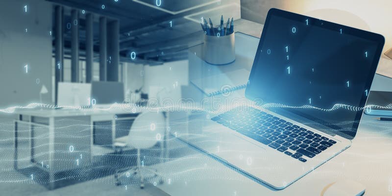 Wide Image of Laptop on Abstract Blurry Office Background with Binary ...