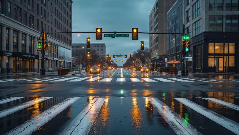 Wide Intersection with Wet Pavement and Green Light Illuminating ...