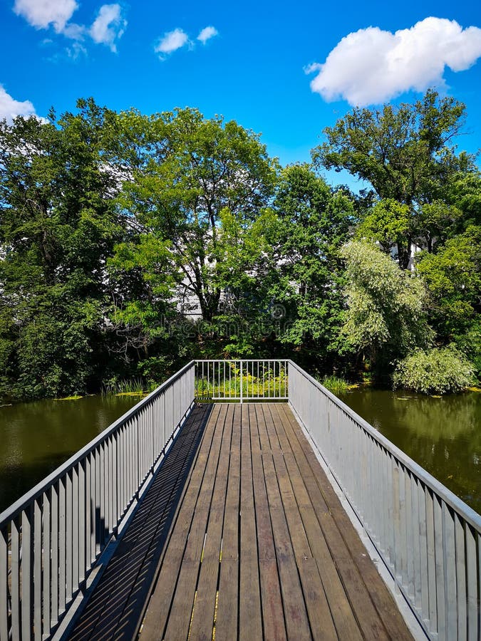 Wide Long Wooden Platform Over River at Sunny Day Stock Image - Image ...