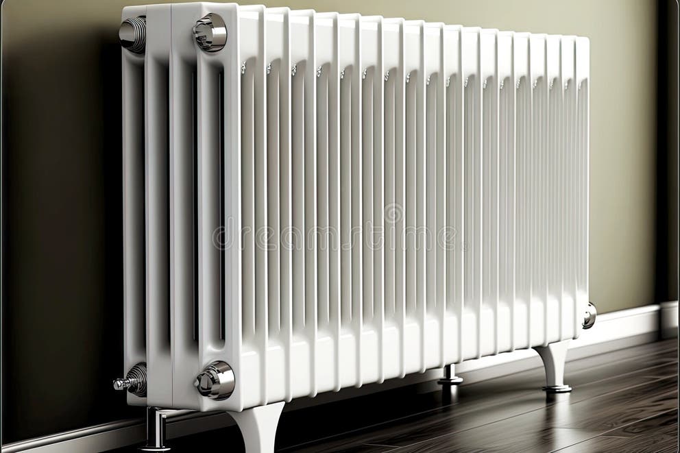 Wide Multi-section White Heating Radiator on Legs with Chrome Elements ...