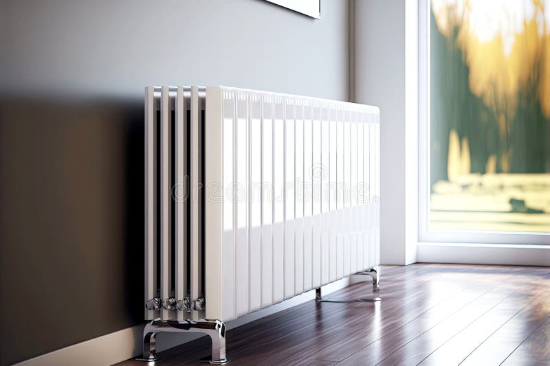 Wide Multi-section White Heating Radiator on Legs with Chrome Elements ...