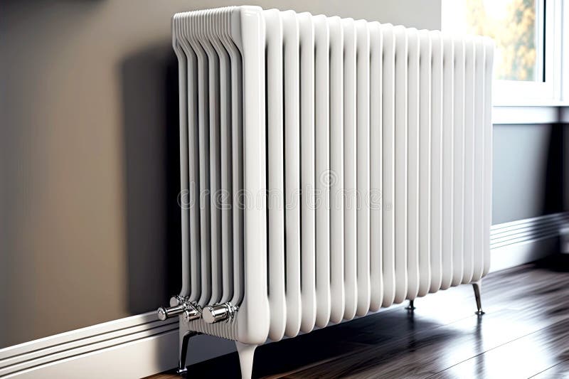 Wide Multi-section White Heating Radiator on Legs with Chrome Elements ...