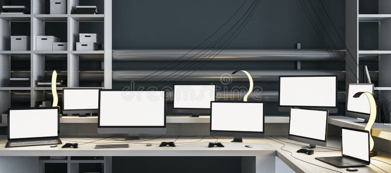 Wide Office Interior with Multiple Empty White Computer Monitors on ...