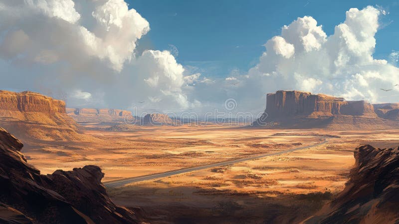 Wide-open Desert Landscape with a Long Road Stretching Toward the ...