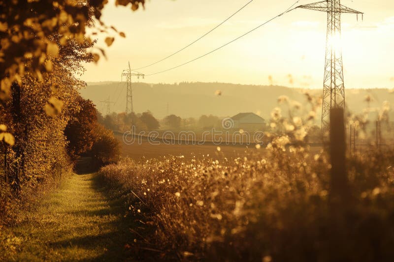 A Wide Open Field with Power Lines Stretching Across the Horizon Stock ...