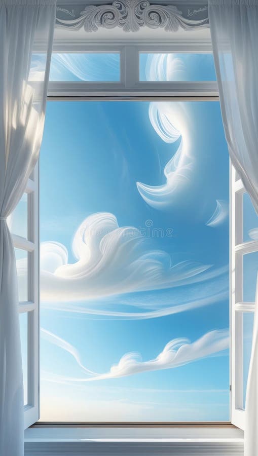 A Wide Open Window, a Clear View of the Soft Blue Sky with Curly Clouds ...