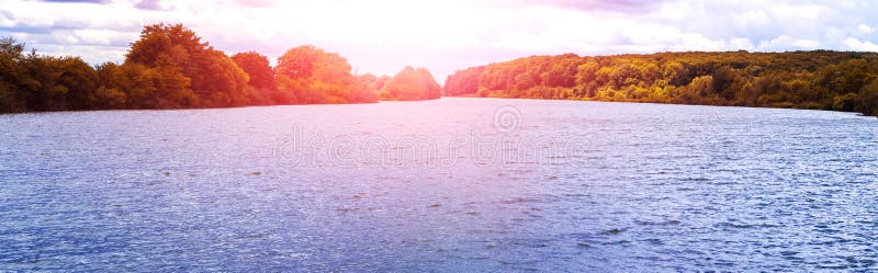 Wide Panorama of the River and Trees on the Riverbank in Sunny Weather ...