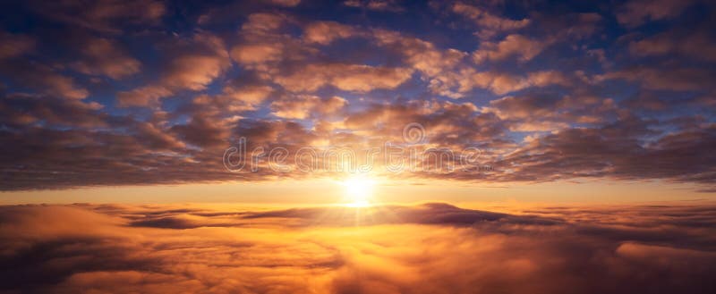 Wide Panorama of Setting Sun Above the Clouds Stock Photo - Image of ...