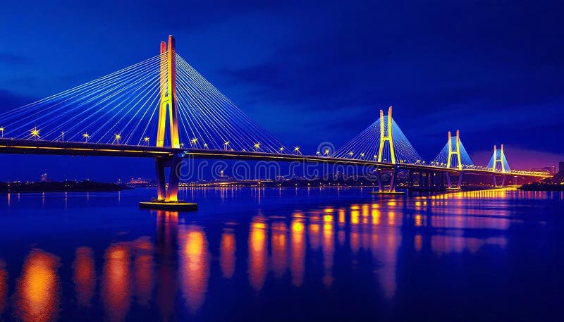 Illuminated Cable Stayed Bridge Over Dark Water Night Stock ...