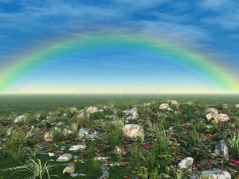 Wide Rainbow Over Green Field Stock Illustration - Illustration of ...