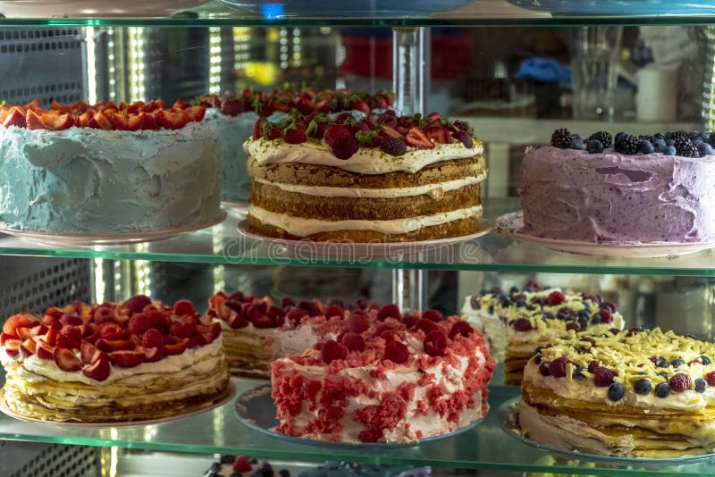 A Wide Range of Cakes with Berries and Nuts in the Pastry Shop Stock ...