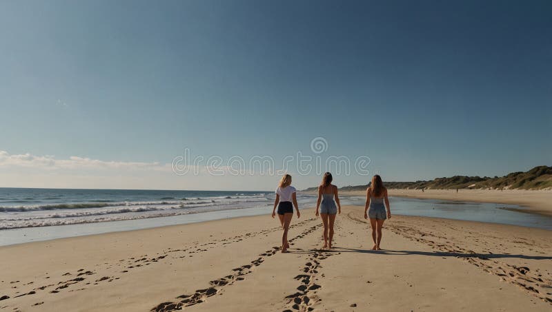 Wide Rear View of a Group of Women Walking on the Beach Stock Image ...
