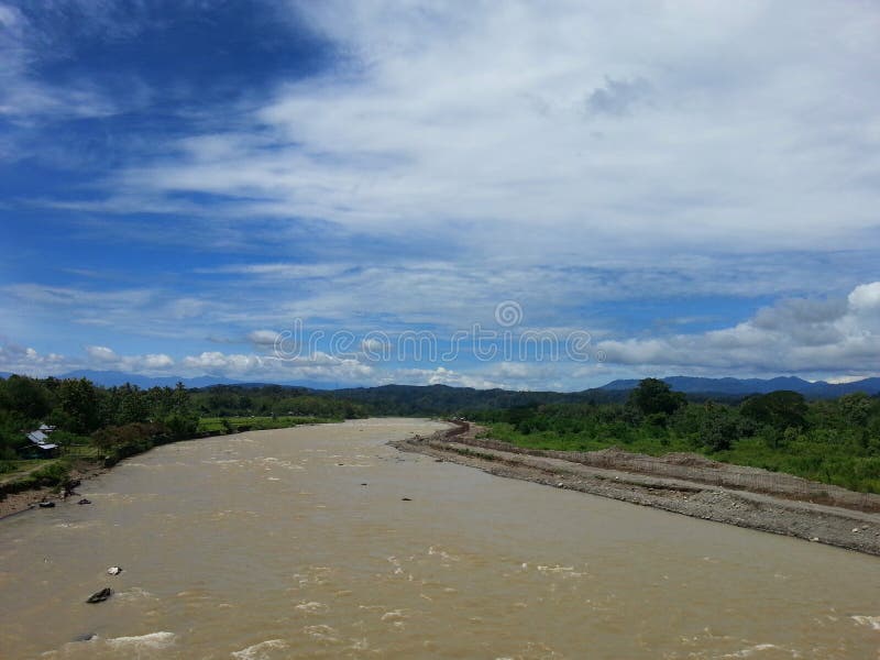 Wide River Flowing Across Green Forest. Fall. Evening. Reflections of ...
