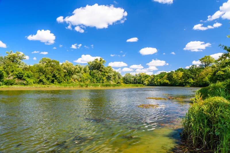 Wide River and Blue Sky with Clouds Stock Photo - Image of pond, cloud ...