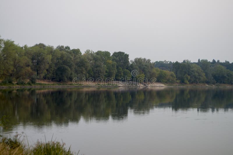 Wide River Flowing Across Green Forest. Fall. Evening. Reflections of ...