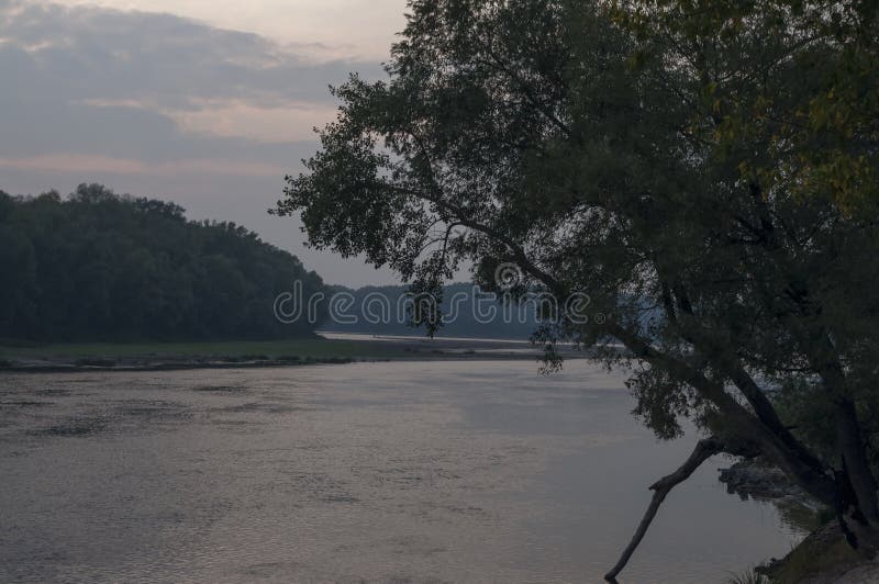Wide River Flowing Across Green Forest. Fall. Evening. Reflections of ...