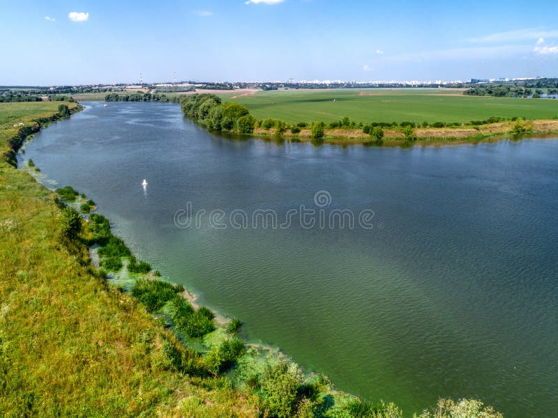 Wide River Flowing between Fields Stock Photo - Image of landscape ...