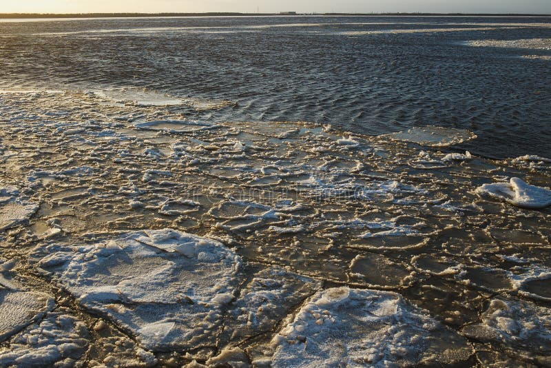 Wide River Freezing in Sunny Winter Day. Ice Formation Stock Photo ...
