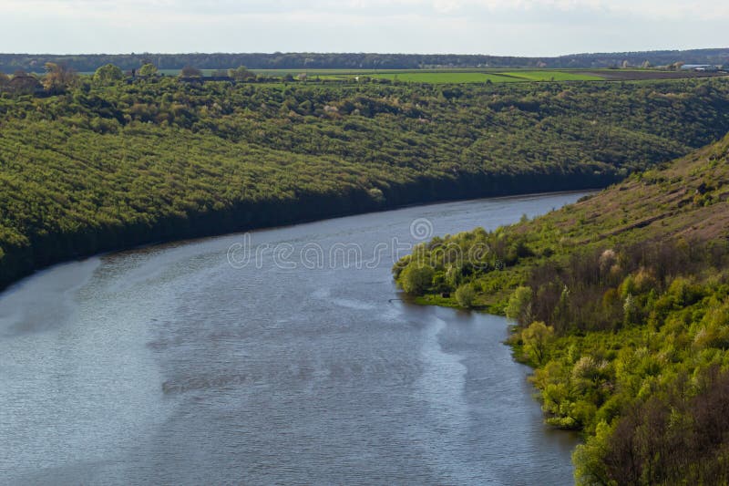 Wide River in Green Banks Overgrown with Woods Stock Image - Image of ...