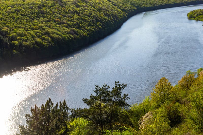 Wide River in Green Banks Overgrown with Woods Stock Image - Image of ...