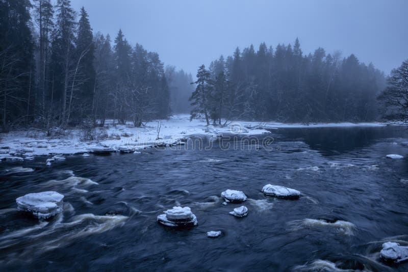 A Wide River in Snow Forest with Fog Stock Image - Image of sweden ...