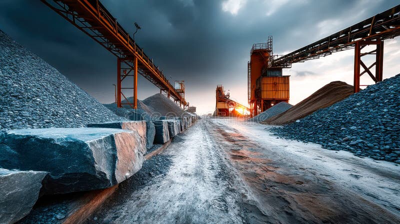 Wide Road Leads through an Active Mining Site during Sunset with Heavy ...