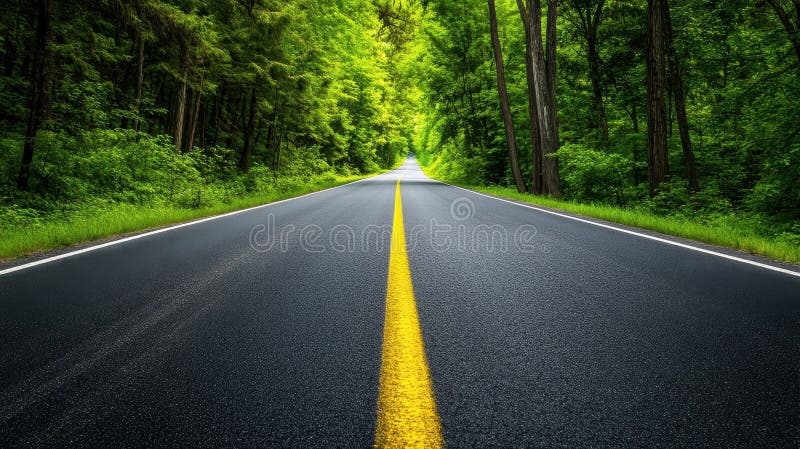 A Wide Road Leads into the Distance, Green Forests Lush . Stock Image ...