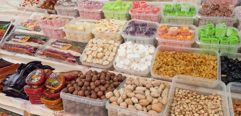 A Wide Selection of Exotic Oriental Sweets, Including Baklava, Toffee ...